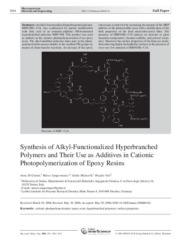 (PDF) Synthesis of Alkyl-Functionalized Hyperbranched Polymers and ...
