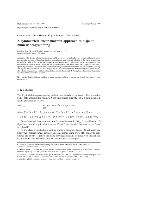 Pdf A Symmetrical Linear Maxmin Approach To Disjoint Bilinear Programming