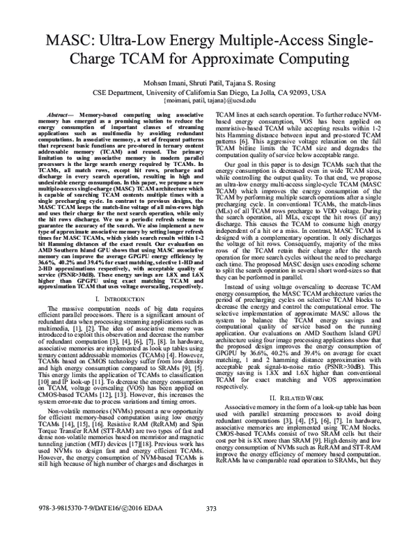 (PDF) MASC: Ultra-Low Energy Multiple-Access Single- Charge TCAM for Approximate Computing ...