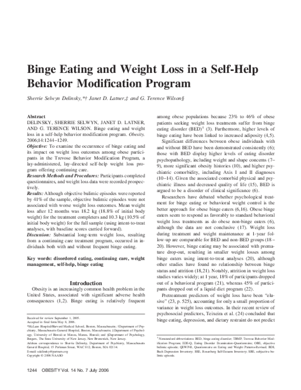 (PDF) Binge Eating and Weight Loss in a Self-Help Behavior Modification ...