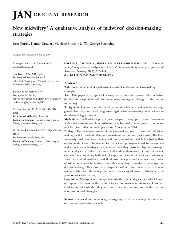 Pdf New Midwifery A Qualitative Analysis Of Midwives Decision Making Strategies