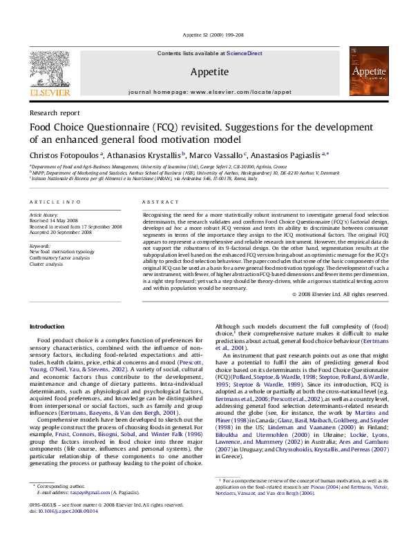 (PDF) Food Choice Questionnaire (FCQ) revisited. Suggestions for the ...