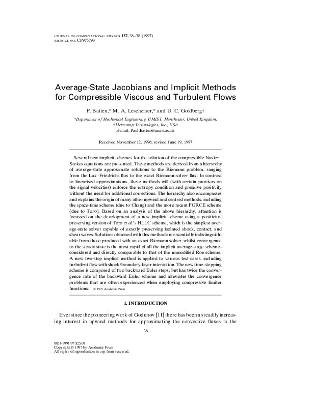 (PDF) Average-State Jacobians and Implicit Methods for Compressible Viscous and Turbulent Flows