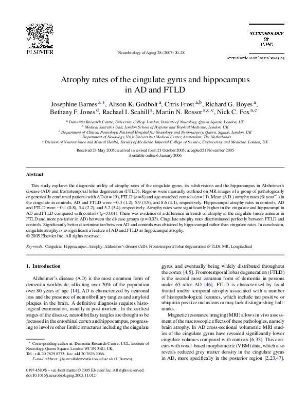 (PDF) Atrophy rates of the cingulate gyrus and hippocampus in AD and FTLD