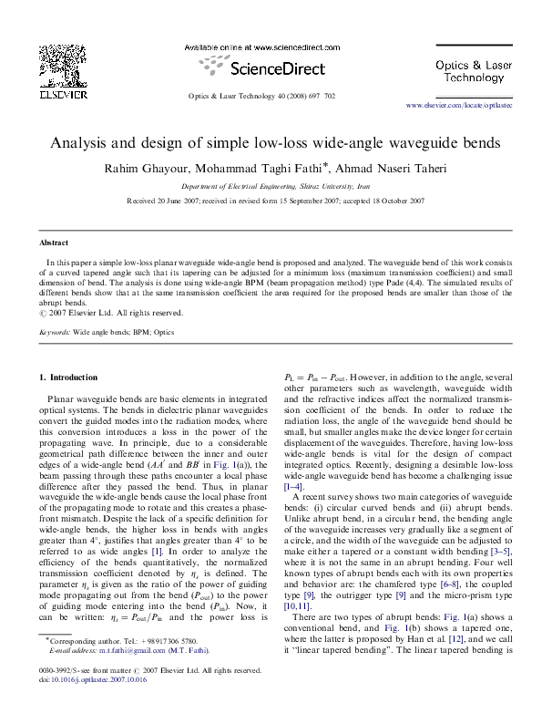 (PDF) Analysis and design of simple low-loss wide-angle waveguide bends | Mohammad Fathi ...