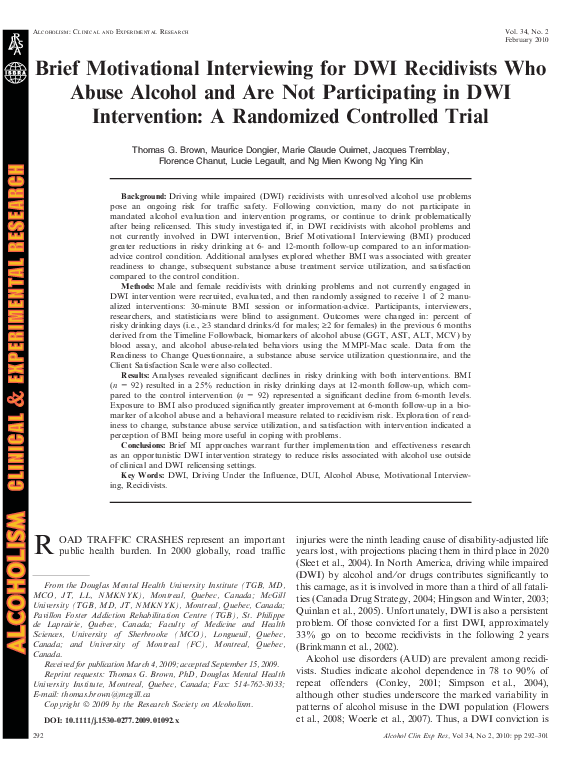 (PDF) Brief Motivational Interviewing for DWI Recidivists Who Abuse ...