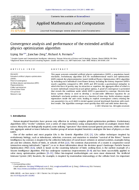 Pdf Convergence Analysis And Performance Of The Extended Artificial Physics Optimization Algorithm