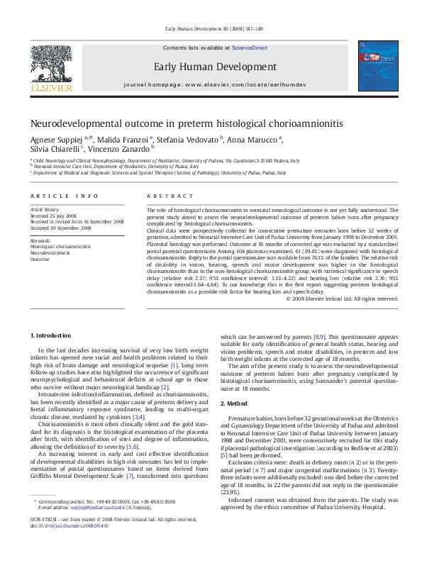 (PDF) Neurodevelopmental outcome in preterm histological chorioamnionitis