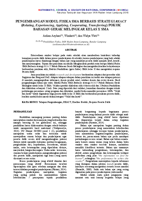 (PDF) PENGEMBANGAN MODUL FISIKA SMA BERBASIS STRATEGI REACT (Relating, Experiencing, Applying ...