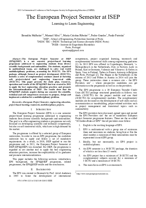 (PDF) The European project semester at ISEP learning to learn engineering