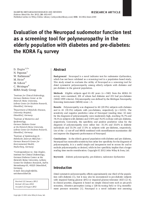 (PDF) Evaluation of the Neuropad sudomotor function test as a screening ...