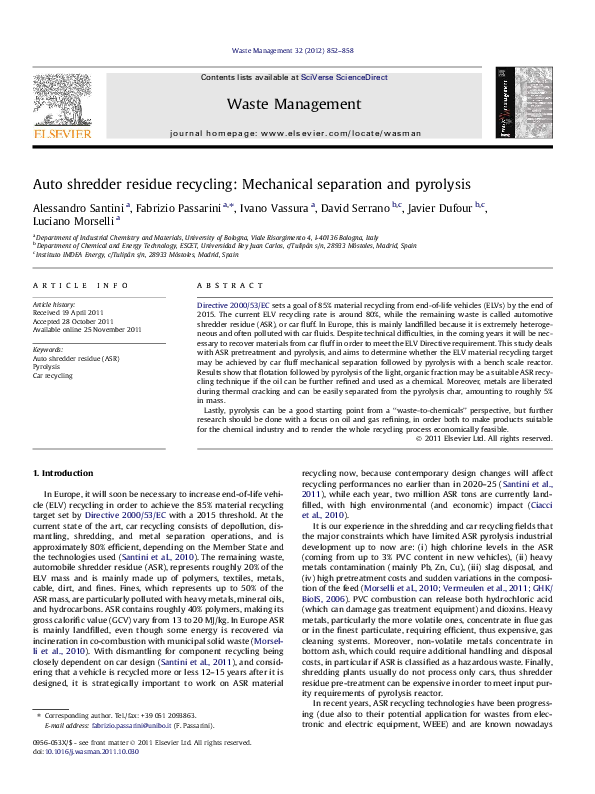 (PDF) Auto shredder residue recycling: Mechanical separation and pyrolysis