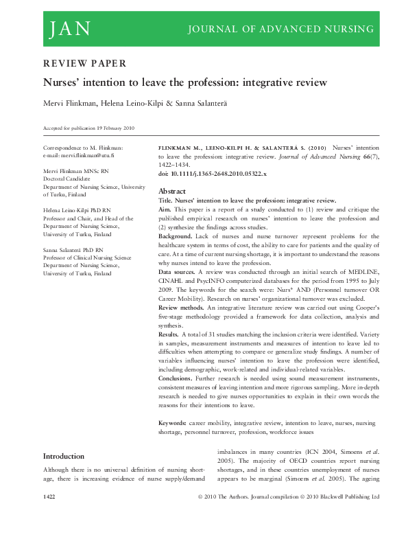 (PDF) Nurses’ intention to leave the profession: integrative review