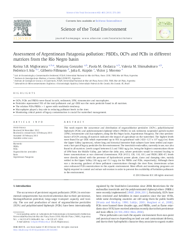 (PDF) Assessment of Argentinean Patagonia pollution: PBDEs, OCPs and ...