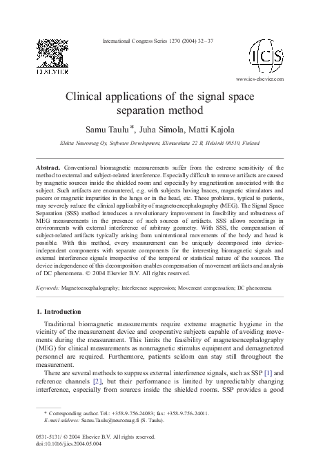 Pdf Clinical Applications Of The Signal Space Separation Method Samu Taulu