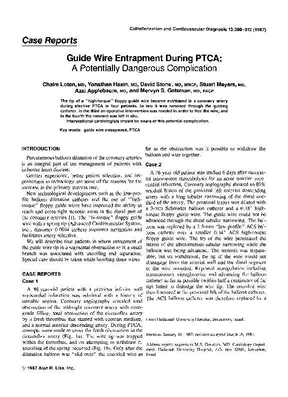 (PDF) Guide wire entrapment during PTCA: A potentially dangerous ...
