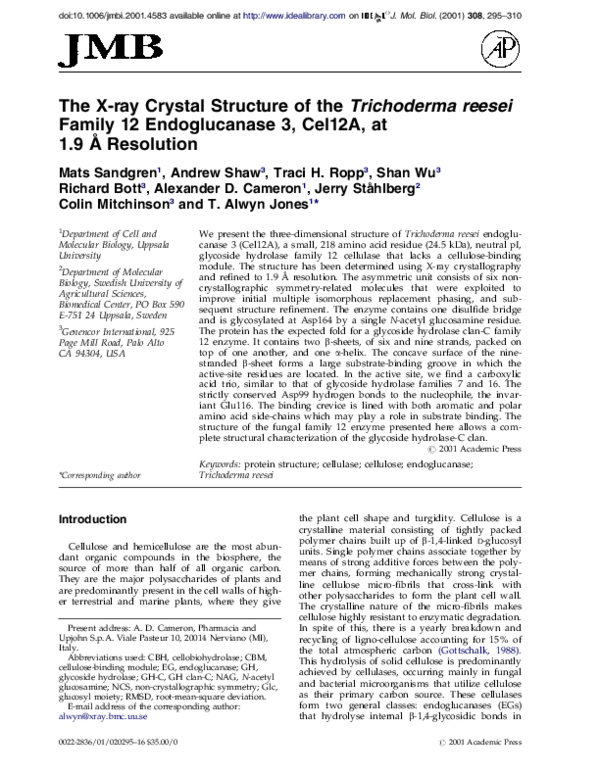 (PDF) The X-ray crystal structure of the Trichoderma reesei family 12 endoglucanase 3, Cel12A ...