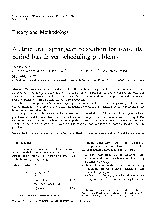 (PDF) A structural lagrangean relaxation for two-duty period bus driver scheduling problems