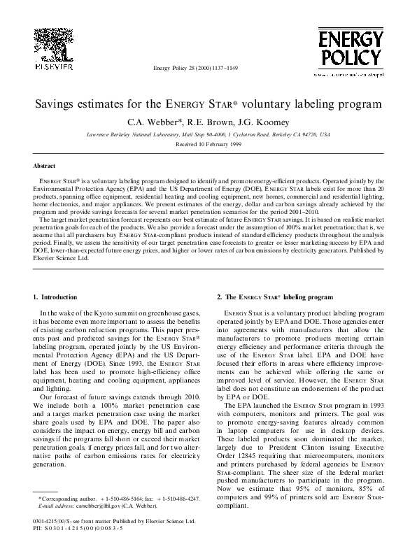 (PDF) Savings estimates for the Energy Star® voluntary labeling program