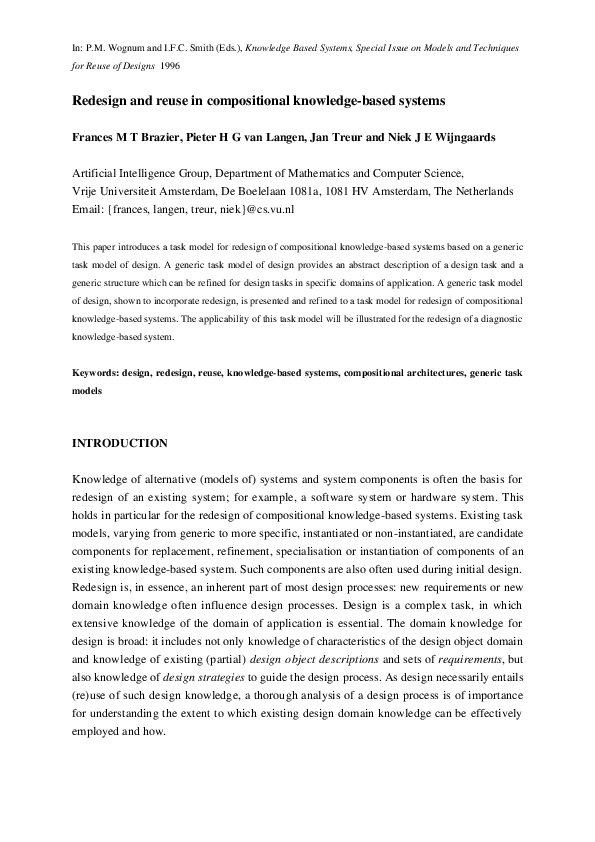 (PDF) Redesign and reuse in compositional knowledge-based systems