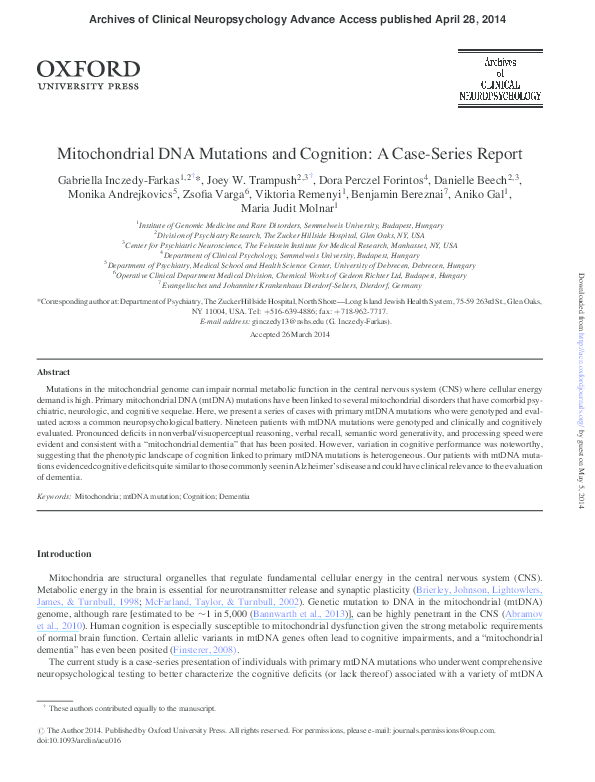 (PDF) Mitochondrial DNA Mutations and Cognition: A Case-Series Report