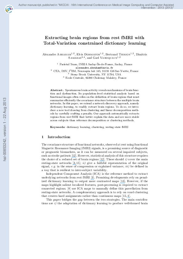 Pdf Extracting Brain Regions From Rest Fmri With Total Variation Constrained Dictionary Learning