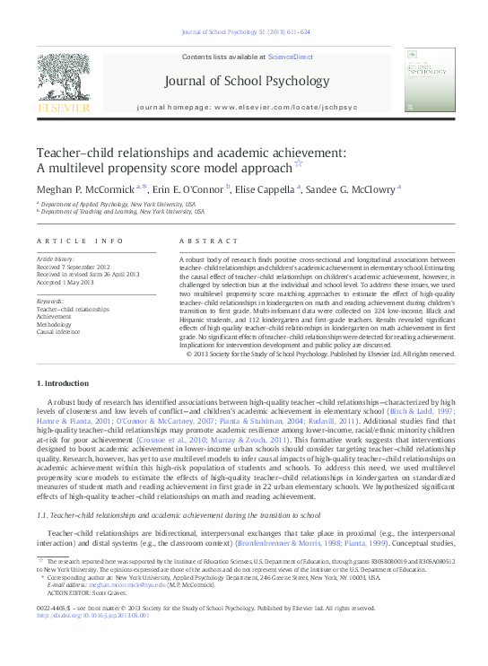 (PDF) Teacher–child relationships and academic achievement: A multilevel propensity score model ...