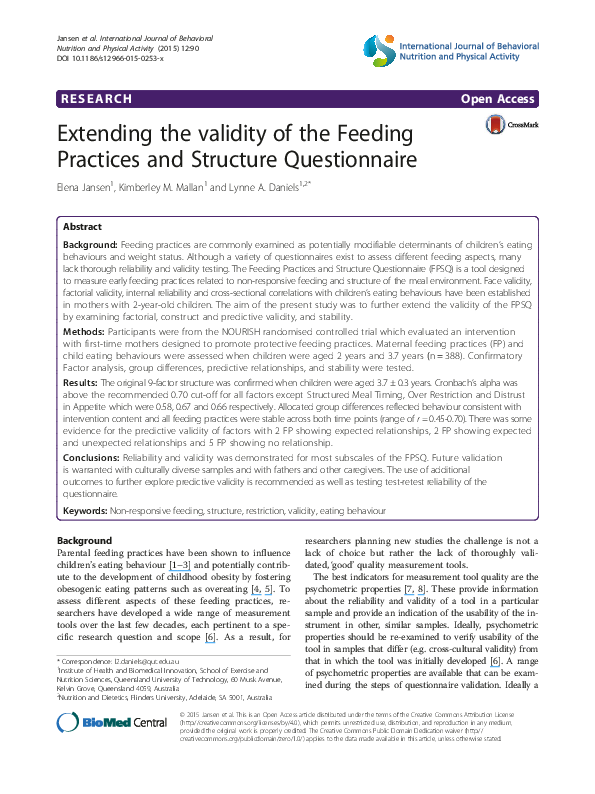 Pdf Extending The Validity Of The Feeding Practices And Structure Questionnaire