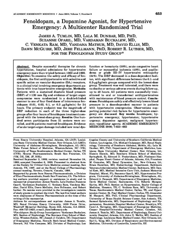 (PDF) Fenoldopam, a Dopamine Agonist, for Hypertensive Emergency: A ...