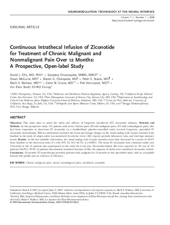 (PDF) Continuous Intrathecal Infusion of Ziconotide for Treatment of ...