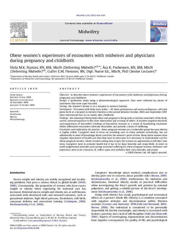 (PDF) Obese women's experiences of encounters with midwives and ...
