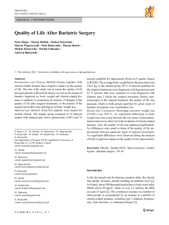 (PDF) The Impact of Bariatric Surgery on Quality of Life in Patients ...