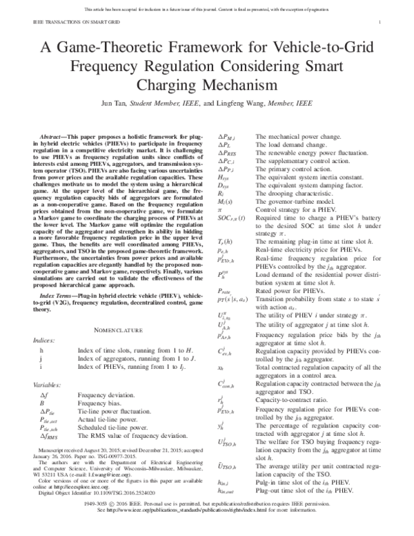 Pdf A Game Theoretic Framework For Vehicle To Grid Frequency Regulation Considering Smart