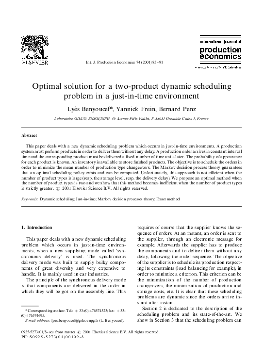 Pdf Optimal Solution For A Two Product Dynamic Scheduling Problem In A Just In Time Environment