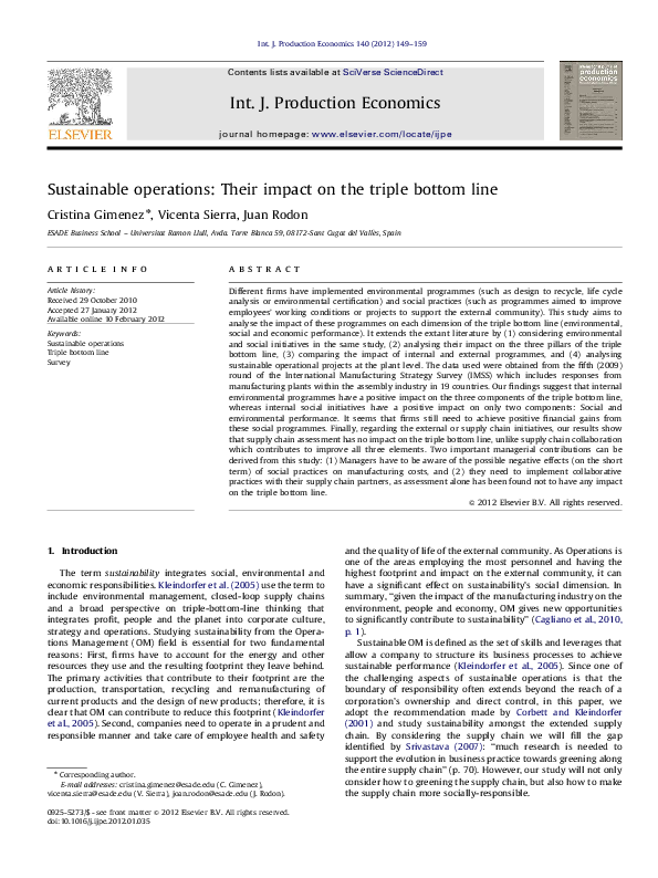 (PDF) Sustainable operations: Their impact on the triple bottom line