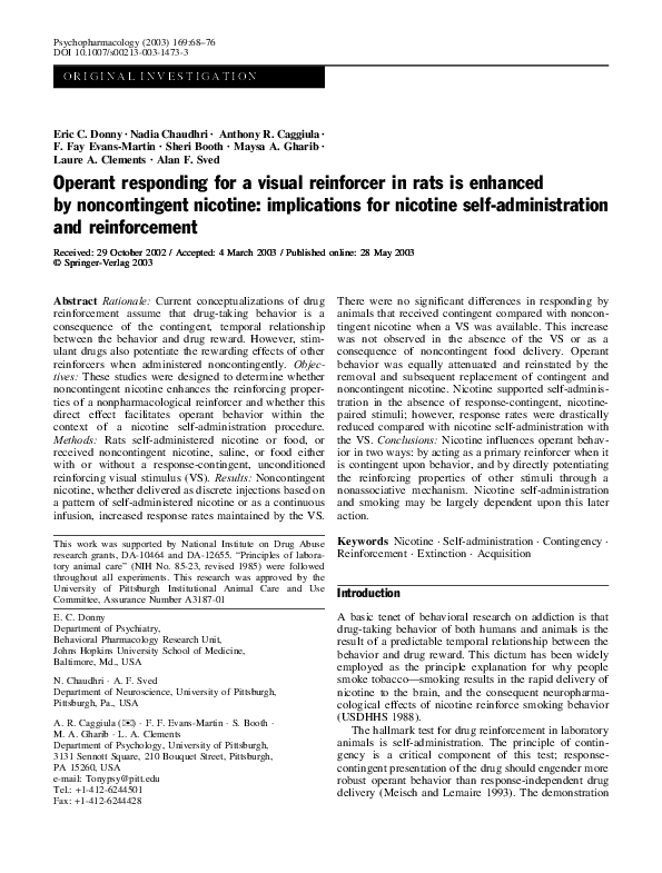 (PDF) Operant responding for a visual reinforcer in rats is enhanced by noncontingent nicotine ...