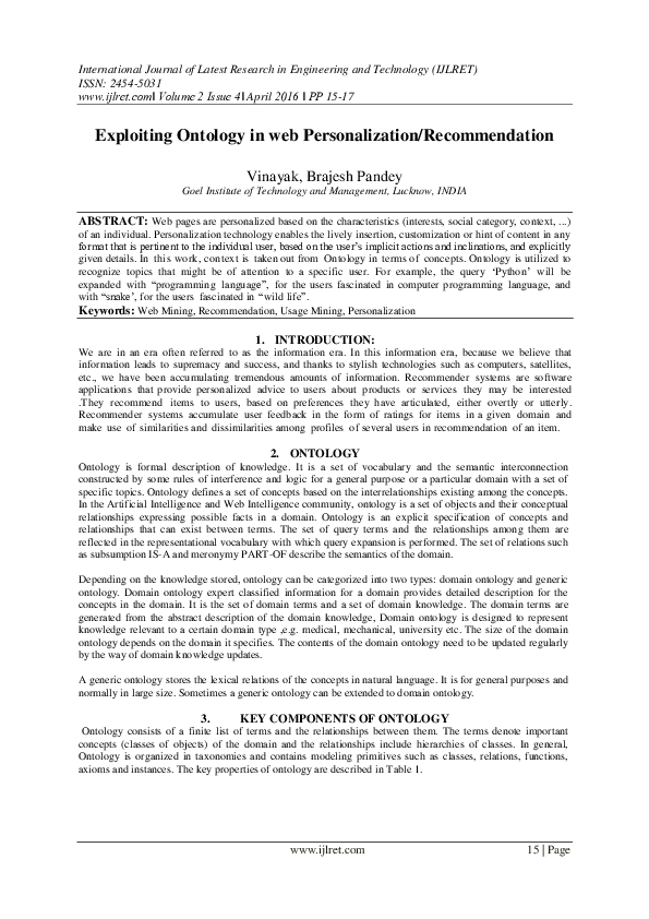 Pdf Exploiting Ontology In Web Personalization Recommendation