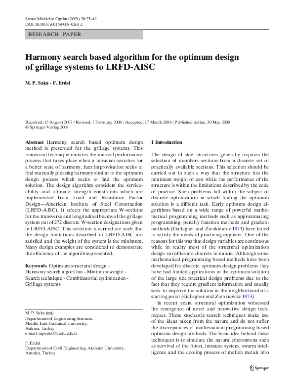 (PDF) Harmony search based algorithm for the optimum design of grillage systems to LRFD-AISC