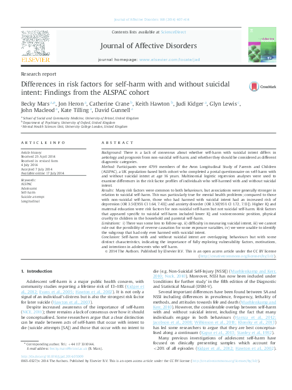 (PDF) Differences in risk factors for self-harm with and without ...