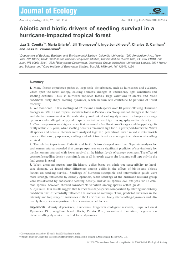 (PDF) Abiotic and biotic drivers of seedling survival in a hurricane ...