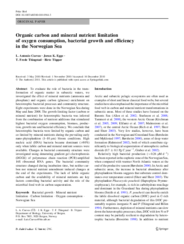 (PDF) Organic carbon and mineral nutrient limitation of oxygen consumption, bacterial growth and ...
