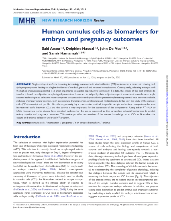 (PDF) Human cumulus cells as biomarkers for embryo and pregnancy outcomes