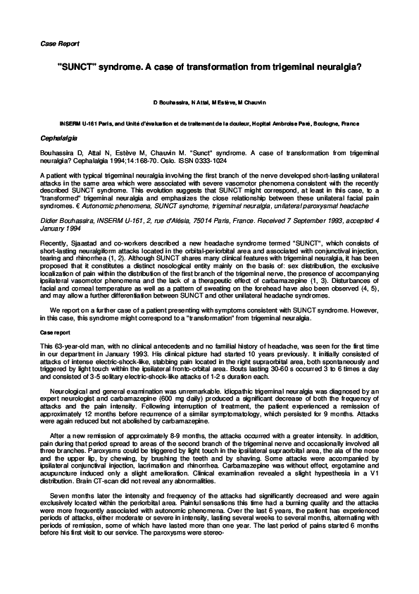 (PDF) “SUNCT” syndrome. A case of transformation from trigeminal neuralgia?