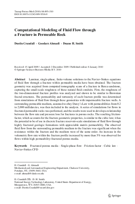 Pdf Computational Modeling Of Fluid Flow Through A Fracture In