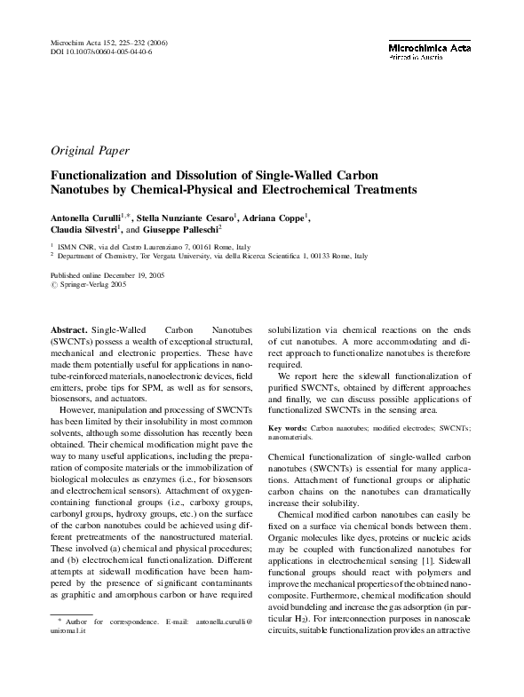 (PDF) Functionalization and Dissolution of Single-Walled Carbon ...