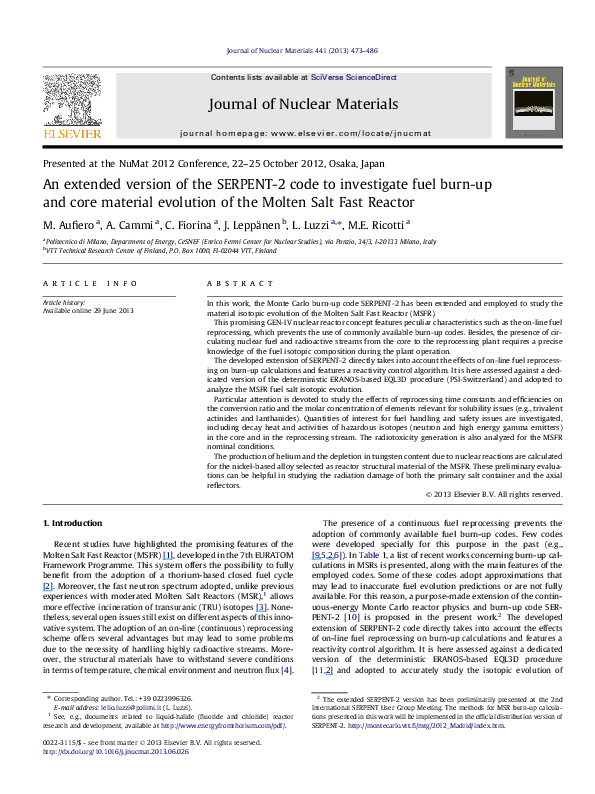 (PDF) An extended version of the SERPENT-2 code to investigate fuel ...