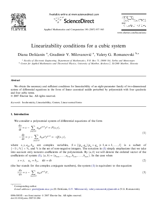 (PDF) Linearizability conditions for a cubic system