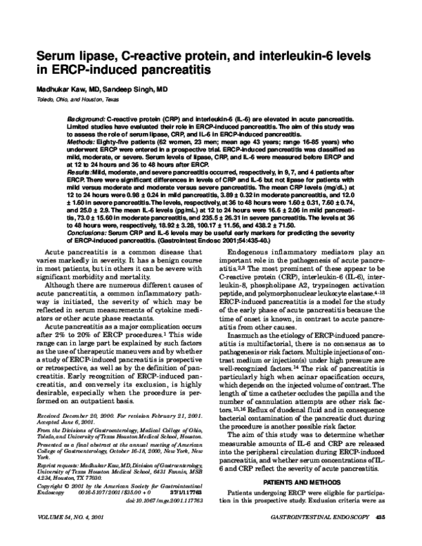 (PDF) Serum lipase, C-reactive protein, and interleukin-6 levels in ...