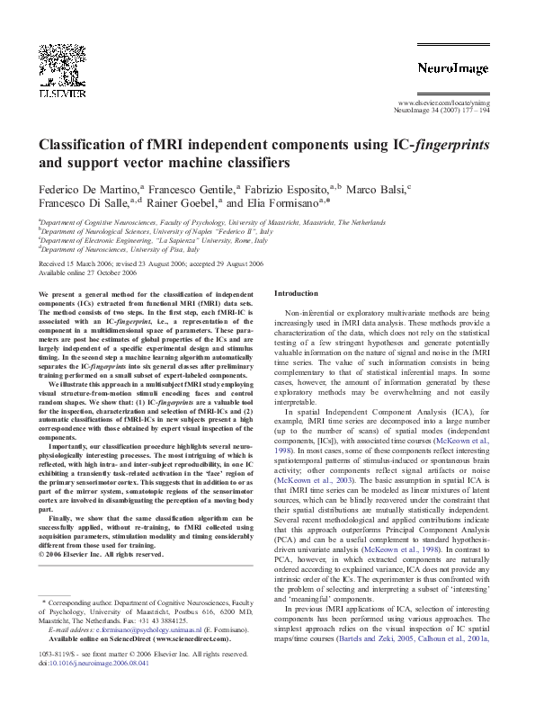 (PDF) Classification of fMRI independent components using IC-fingerprints and support vector ...