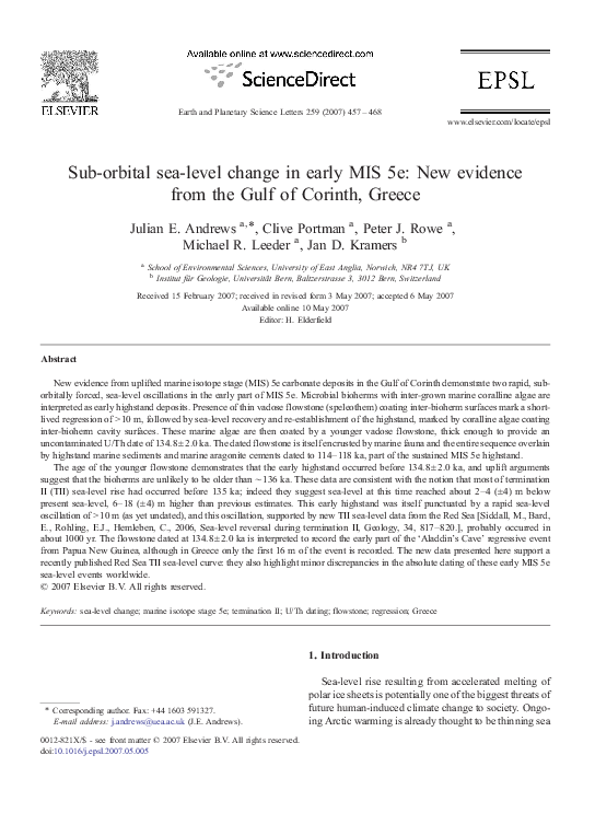 (PDF) Sub-orbital sea-level change in early MIS 5e: New evidence from ...